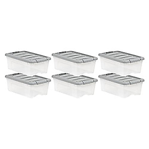Amazon Basics 12 Quart Stackable Plastic Storage Bins with Latching Lids- Clear/ Grey- Pack of 6