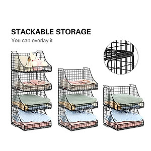 Lyuwanxian Open Storage Bins Closet Organizers and Storage Shelves 4 Pack, Rustic Stackable Metal Wire Basket for Clothes Toys Snacks, Wire Storage Baskets for Wardrobe Countertop Shelf Bedroom Black