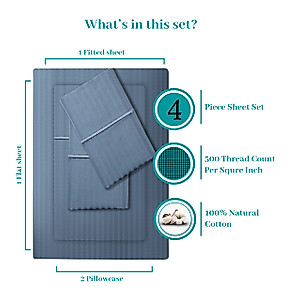 Feather & Stitch 500 TC Full Size Damask Bed Sheet Set, 100% Soft Cotton Breathable Bedsheets, 18" Deep Pockets Sateen Weave Striped Bedding Mattress Resort Hotel Luxury Décor - (Blue, Full)