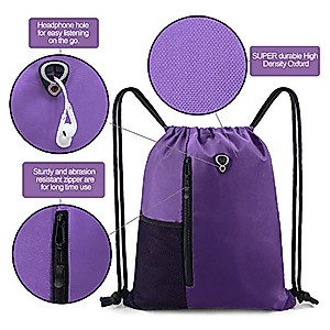 BeeGreen Drawstring Backpack Bag with Water Bottle Pocket &Two Zippered Pocket Large Cinch Sackpack for Unisex Dark Violet