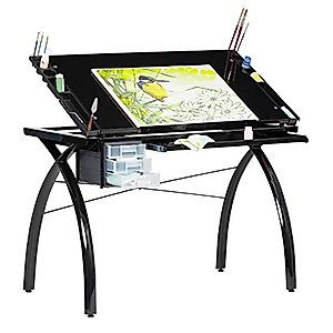 Futura Crafting, Drafting, Drawing Table with Adjustable Top, Black and Black Glass