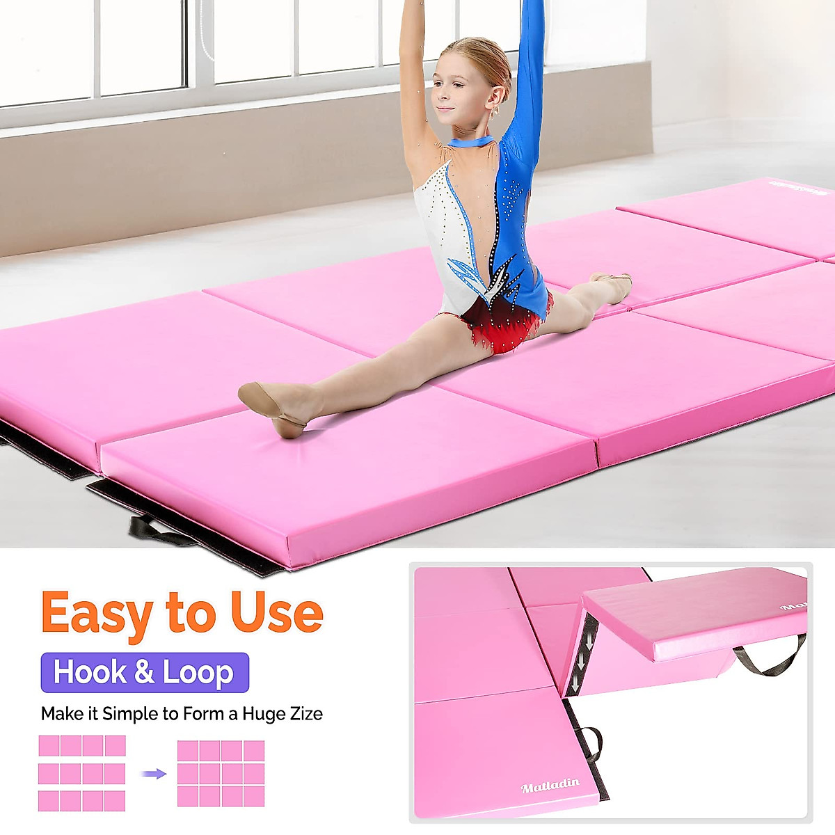 Matladin 8' Folding Gymnastics Gym Exercise Aerobics Mat, 8ft x 2ft x 2in PU Leather Tumbling Mats for Stretching Yoga Cheerleading Martial Arts (Pink)