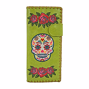 Lavishy Rockabilly Rose & Sugar Skull Day of the Dead Embroidered Large Wallet (Green)