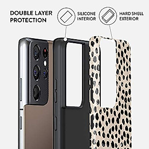 BURGA Phone Case Compatible with Samsung Galaxy S21 Ultra - Hybrid 2-Layer Hard Shell + Silicone Protective Case -Black Polka Dots Pattern Nude Almond Latte - Scratch-Resistant Shockproof Cover