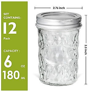 moniko Mini Mason Jars,Canning Jars,6 oz Mason Jars With Lids,Small Glass Jars Ideal for Food Storage, Jam, Spice,Candle,Honey,Wedding Favors(12 PACK)