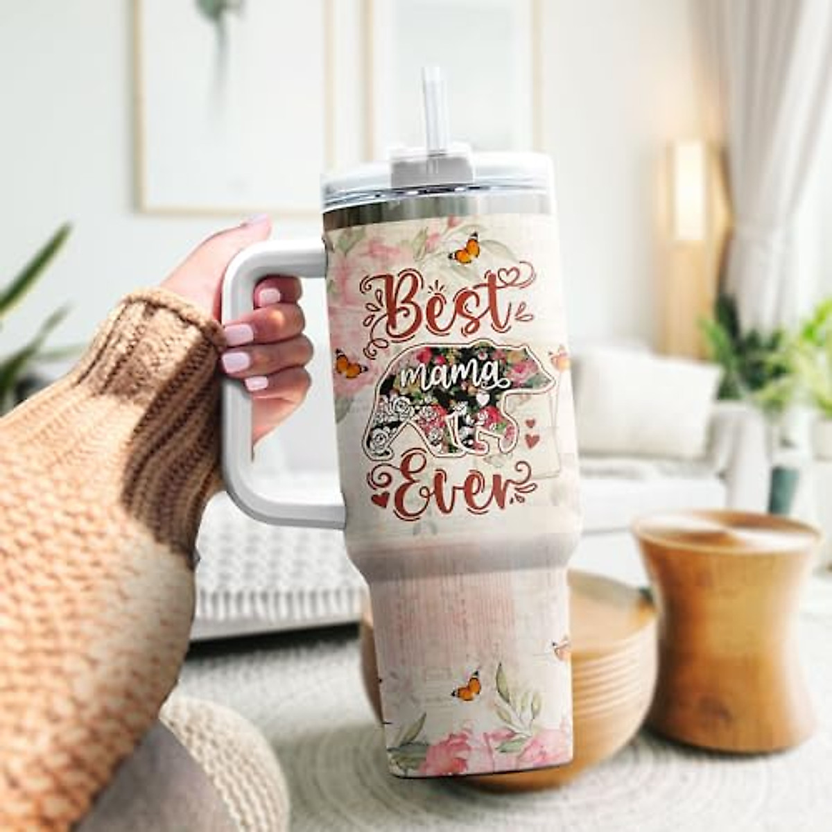 Mama Bear Floral Inspiration, Tumbler 40 Oz With Handle Lid And Straw, Mama Bear Gifts, Mom Flower Cups To Funny Yellow For Eleven Water Steel Handle Straws Modern