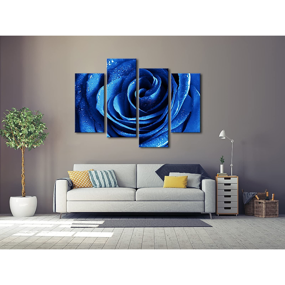 Wieco Art Blue Rose with Dew Canvas Wall Art Abstract Romantic Flower Pictures Paintings Wall Art for Living Room Bedroom Decorations Wall Decor Large 4 Panels Modern Canvas Prints Artwork