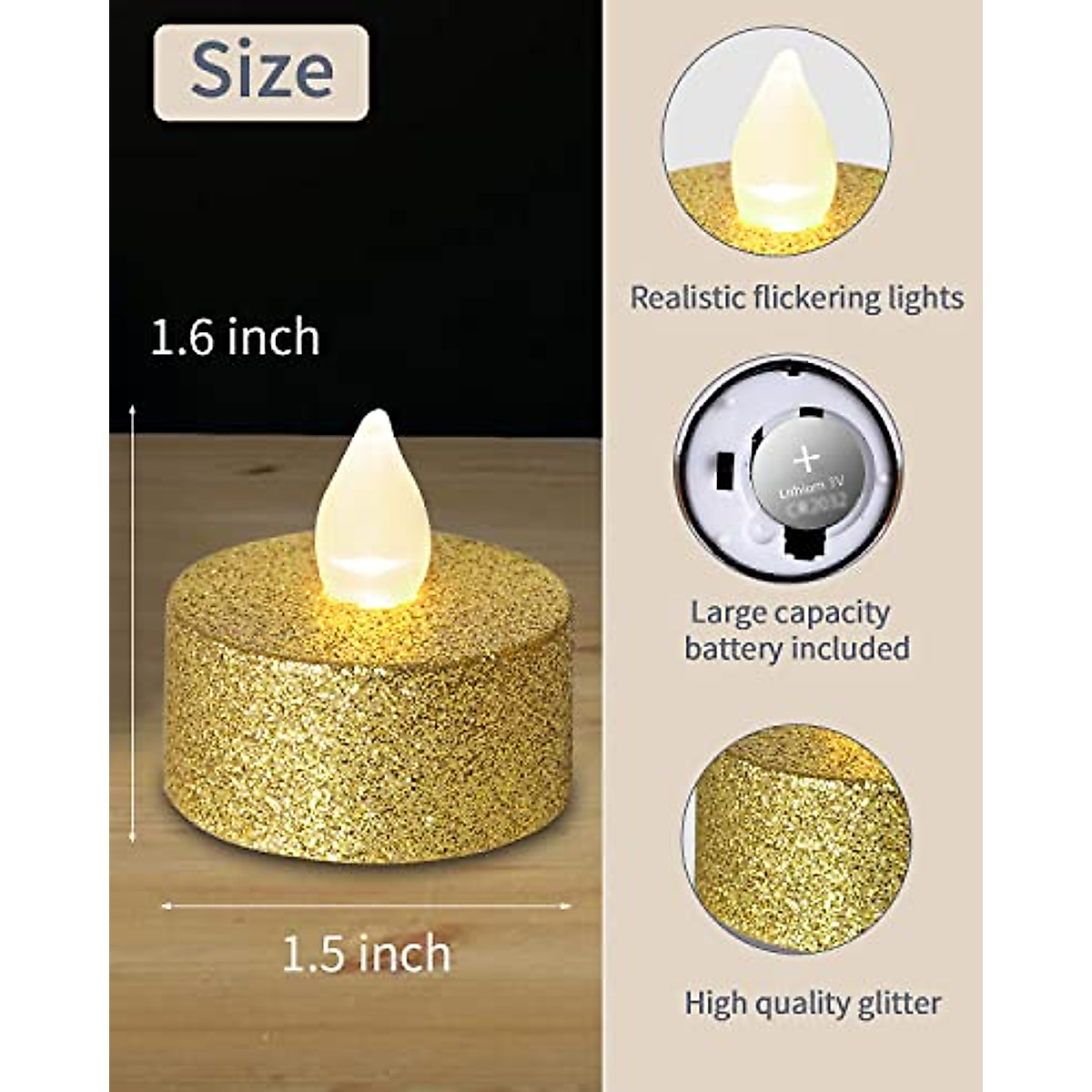 LOGUIDE Battery Operated LED Tea Lights,24 Pack Gold Flameless Votive Tealights Candle with Warm White Flickering light, Small Electric Fake Tea Candle Realistic for Wedding,Table,Festival Celebration