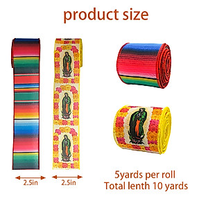HIENAJ 2 Rolls 2.5 Inches 10Yards Mexican Cinco de Mayo Fiesta Ribbons Mexican Fabric Ribbons Serape Virgin Mary Ribbon for Mexican Fiesta Gift Wrapping Outdoor Hanging Party Decoration Supplies