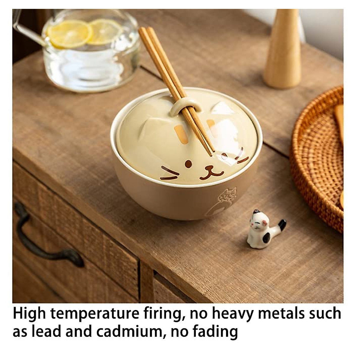 Japanese Style Ceramic Soup Bowls with Lids Ramen Bowl Cute Kitten Design for Mixing Salad, Noodle, Instant Noodles, Ramen Cooker, Kitchen Oven, Microwave Safe Bowl Cat Gifts for Cat Lovers (khaki)