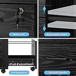 Wood File Cabinet, 3 Drawer Mobile Lateral Filing Cabinet On Wheels, Printer Stand with Open Storage Shelves for Home Office (Black 2)
