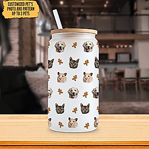 Hyturtle Personalized Pet Owner Glass Cup Dog Cat Face in Pictures Pet Paw Glass Cup bamboo Lid & Straw 12oz16oz Coffee Glass Cup Birthday Christmas Gifts For Women Girls Kid Animal Lover Custom Name
