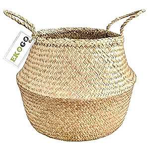 EKOGO Large Seagrass Belly Basket| Handwoven Foldable Storage Basket with Handles for Laundry, Picnic, Pot Cover, Decor | Natural, Eco-Friendly Household Items