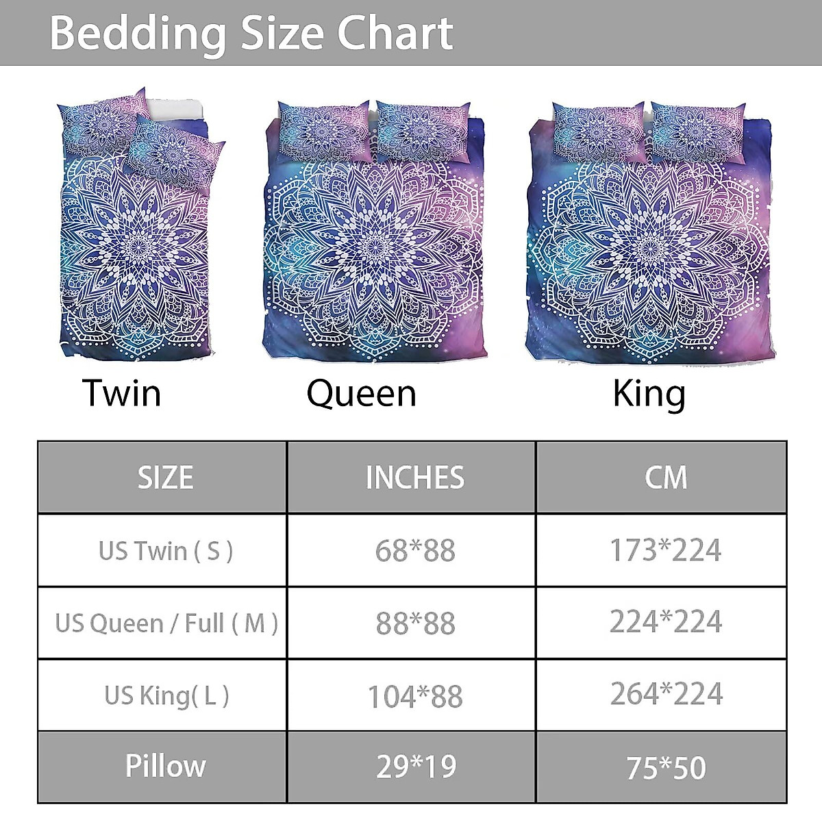 gearider 3Pcs Dreamy Mandala Floral Bohemian Duvet Cover for Teens Girls Adults Galaxy Comforter Cover Set (Mandala-Purple, King)