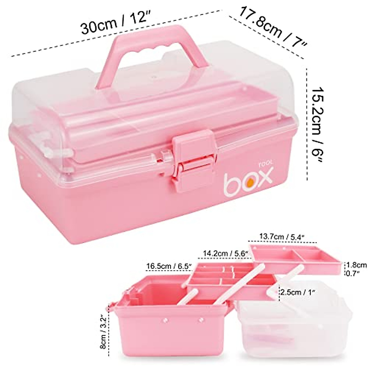 HengLiSam 12'' Three-Layer Clear Plastic Storage Case for Art Craft and Cosmetic, Multipurpose Organizer and Portable Handled Storage Box for Home, School, Office (Pink)