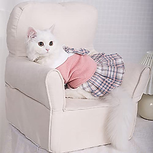 Anelekor Cute Cat Sweater Dresses with Necktie Decor Pet School Uniform Costume Puppy Spring Autumn Outfit Soft Knitted Skirt Shirts for Cat Rabbit Small Medium Dogs (X-Small, Pink)