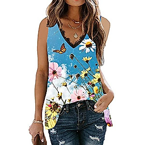 Long Tshirts for Women Women Floral/Butterfly Print Summer Tops V Neck Flowy Tank Tops Lace Trim V Neck Blouse Tunic Cute Vacation Outfits Flowy Blouses for Women