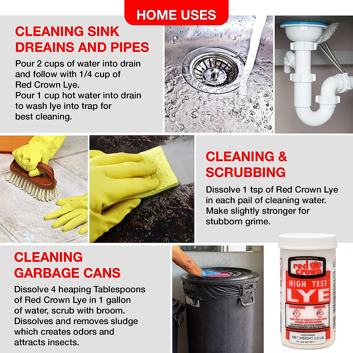 The Boyer Lye for Soap Making, Sodium Hydroxide Pure High Test Lye Food Grade, Caustic Soda, Drain Cleaner and Clog Remover, 2 Pack 2.2 lbs