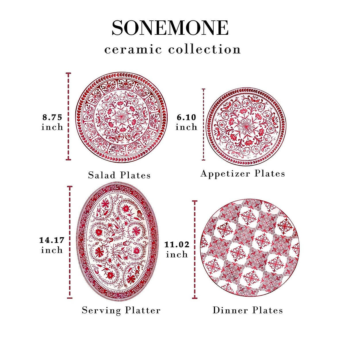 Sonemone 6 Inch Appetizer Plates Set of 6, Christmas Red Floral Ceramic Dessert Plates for Cake, Pie, Snacks, Ice Cream, Microwave & Dishwasher Safe