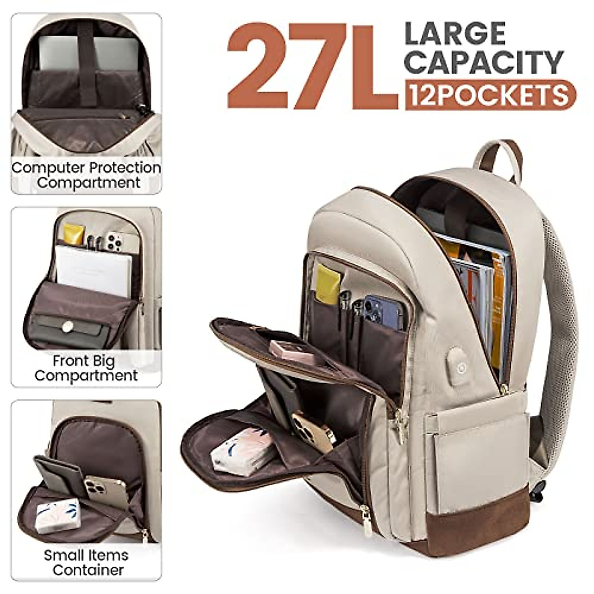 LOVEVOOK Travel Laptop Backpack Women,15.6 Inch Water Resistant Travel Backpack for Women,Work Computer Back Pack for College Business,Khaki