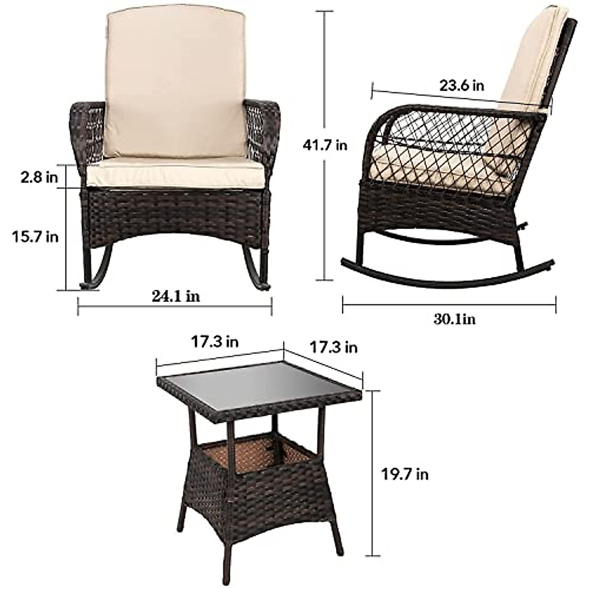 LEVELEVE 3 pcs Rocking Bistro Set Conversation Chairs PE Wicker Outdoor Rocking Chairs & Glass Table,for Porch Lawn Garden Backyard Deck