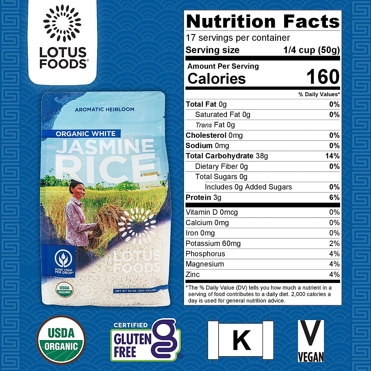 Lotus Foods Organic White Jasmine Rice - Jasmine Rice, Gluten Free White Rice, Organic Rice, Long Grain Asian Sticky Rice, USDA Organic, Vegan, Gluten Free - 30 Oz (Pack of 6)