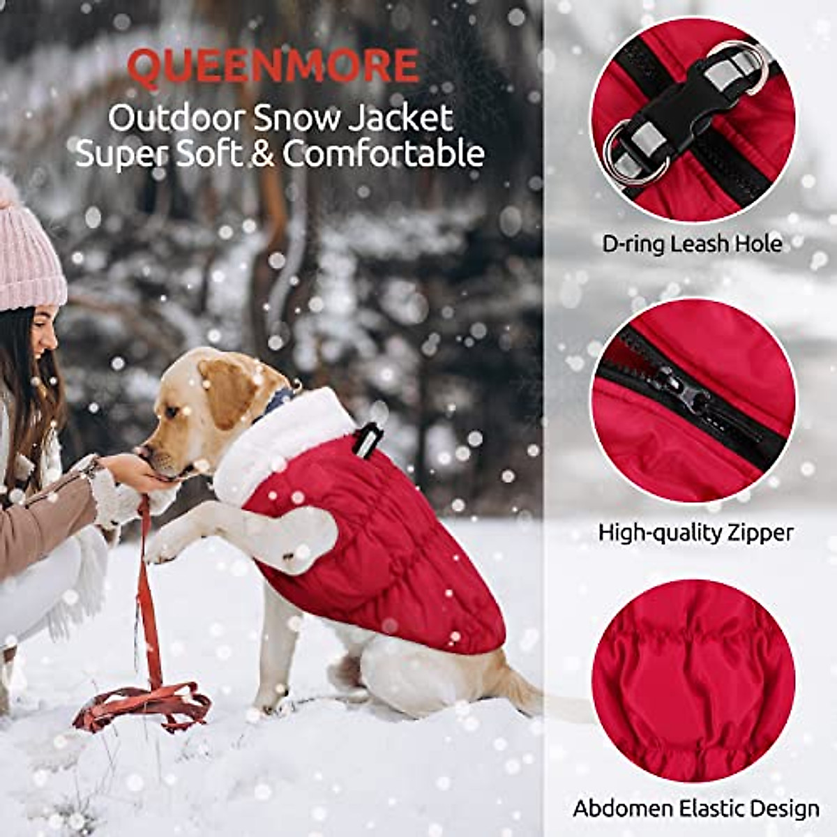 Queenmore Warm Dog Winter Jacket, Fleece Lining Dog Cold Weather Coats, Windproof Turtleneck Dog Vest with Neckline D-Ring, Snowproof Dog Jacket for Small Medium Large Dogs