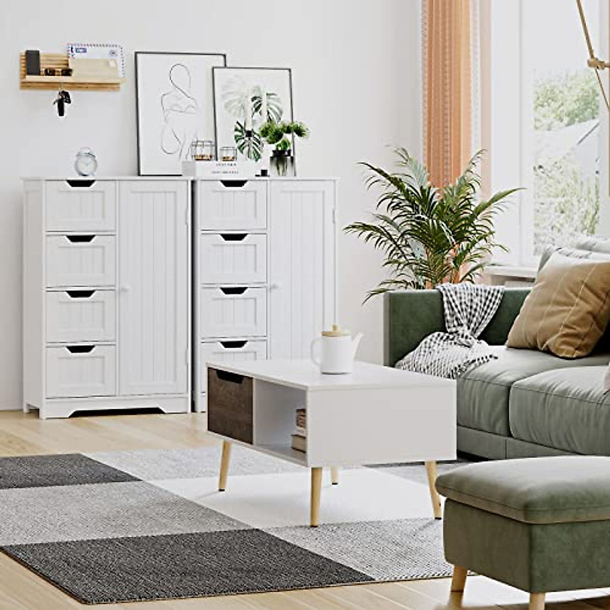 FOTOSOK Bathroom Floor Cabinet, Freestanding Storage Cabinet with 4 Drawers & 1 Cupboard, Adjustable Shelf for Bathroom Entryway Living Room, White