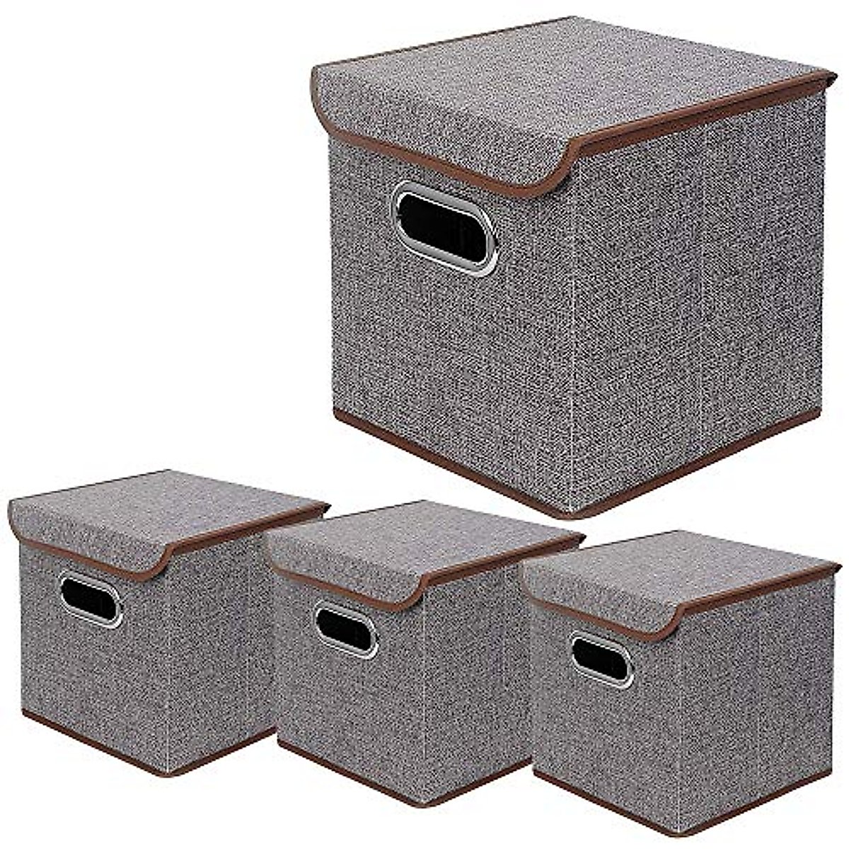 BeigeSwan Storage Bin [Set of 4] Linen Fabric Foldable Container with Lid, Collapsible Organizer Boxes Cubes ¨C 10 x 10 x 10 Inches (Gray)