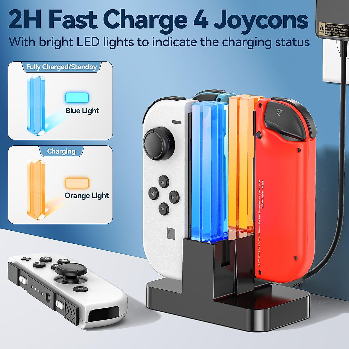 Switch Controller Charger Dock for Nintendo Switch Joycon, Joy con Charging Dock with Lamppost LED Indication, Switch Charging Station Stand for 4 Joy Cons, Joycon Charger with Type-C Cable