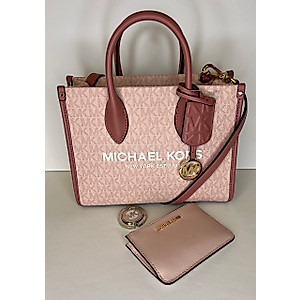 Michael Kors Mirella Small Shopper Top Zip Bag bundled SM TZ Coinpouch Purse Hook (Pink MK Signature)