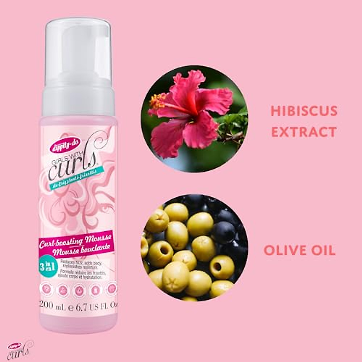 Dippity Do Girls with Curls Curl Enhancing Mousse - Lightweight 3-in-1 Defining Mousse for Curly and Wavy Hair - Hibiscus and Olive Oil for Frizz Free and Bouncy Curls - 200 mL/6.7 fl oz