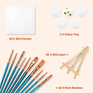 20 Pack Mini Canvases, Small Stretched Painting Canvas with Mini Easel,4x4 in Art Canvases Painting Kit with 10 Brushes & 5 Paint Tray for Kids Teenagers Acrylic Pouring Oil Water Color Gift……