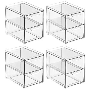 mDesign Stackable Storage Containers Box with 2 Pull-Out Drawers - Stacking Plastic Drawer Bins for Kitchen Pantry and Cupboard, Cabinet, Counter, Island and Tables - Lumiere Collection, 4 Pack, Clear