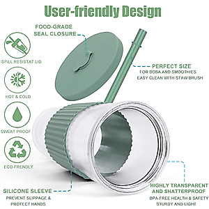 UHAPEER 2 Pack Reusable Boba Tea Cups, 24oz Iced Coffee Cup with Straw and Lid, Leakproof Clear Plastic Cups Tumbler, Double Wall Insulated Smoothie Tumbler, Wide Straw for Bubble Tea, Cinnamon&Olive