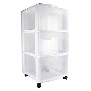 Sterilite 28308002 Home Stackable 3 Drawer Wide Plastic Storage Organizer Container with Drawers and Rolling Wheels, White (Set of 6)