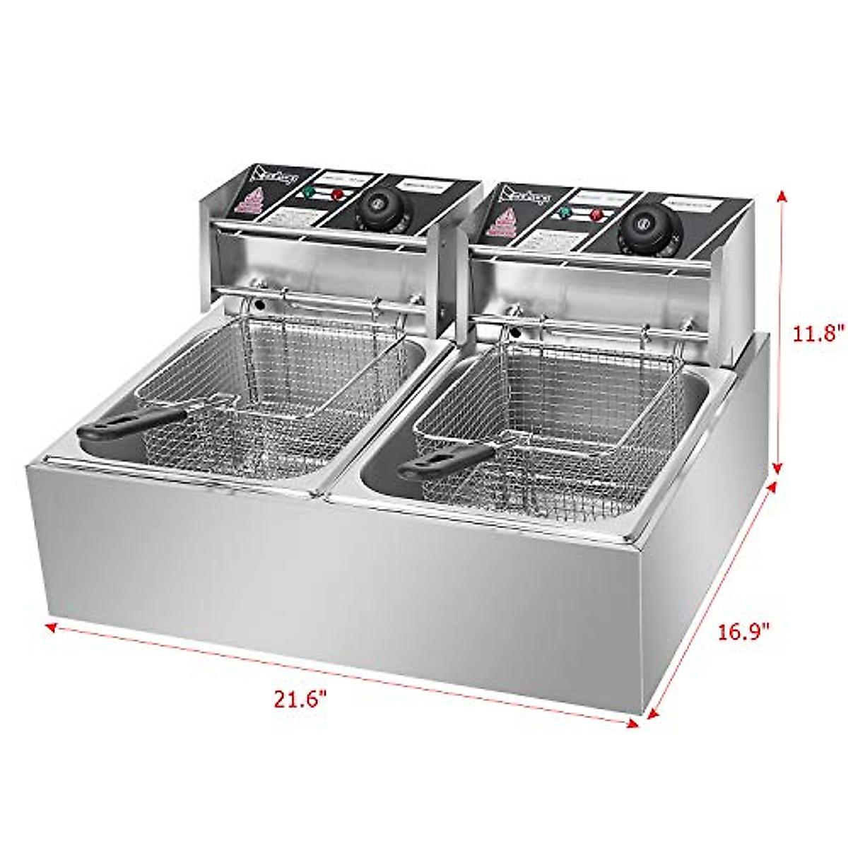 Winado 12.7QT Capacity Electric Deep Fryer with Baskets & Lids, 12L Countertop Stainless Steel Dual Tank Temperature Control Frying Machine, for Home & Commercial 5000W 60Hz 110V