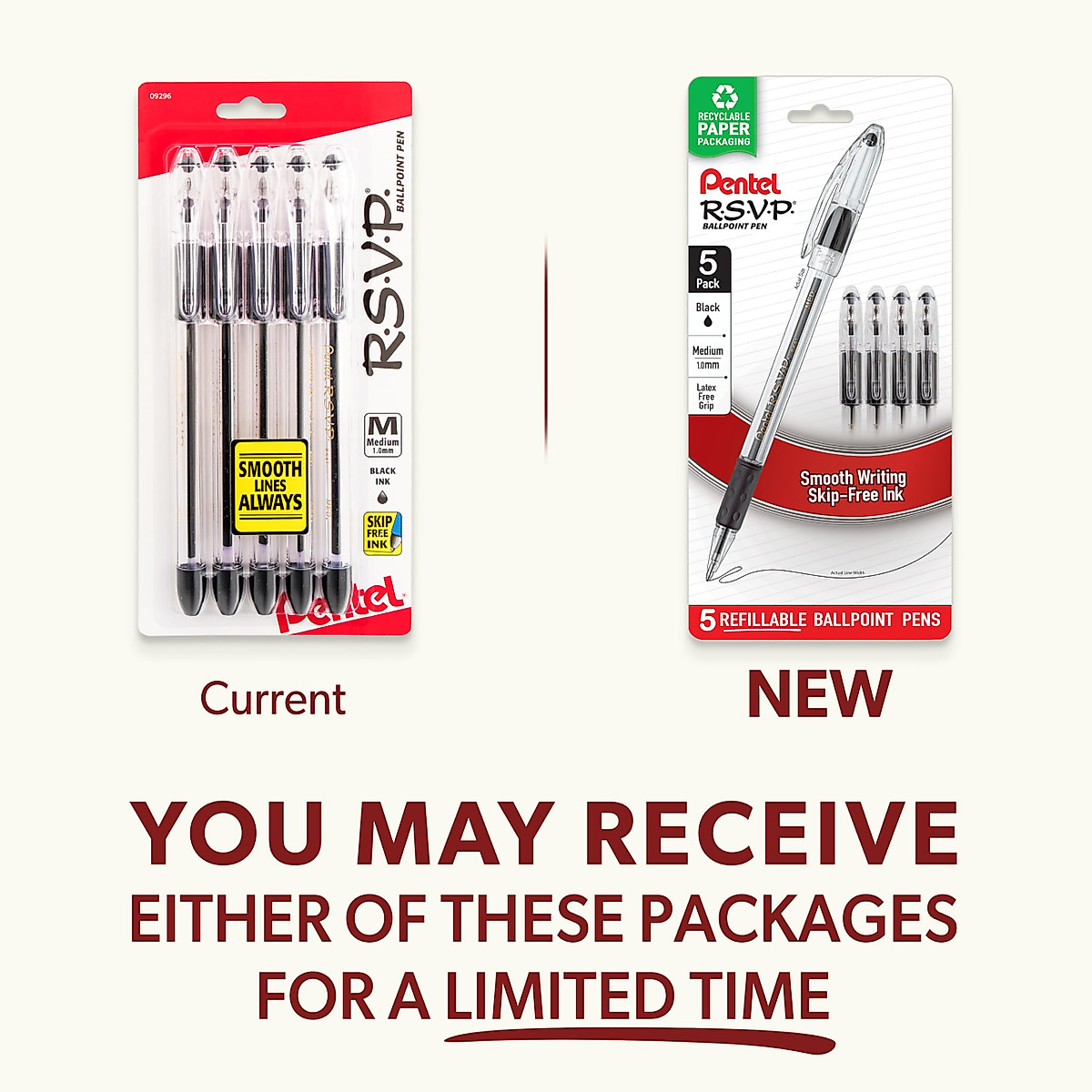 Pentel R.S.V.P. Ballpoint Pen, Medium Line, Black Ink, 5 Pack (BK91BP5A)