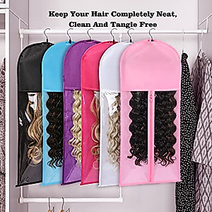 Wig Bags Storage with Hanger - 3 Packs Wig Storage for Multiple Wigs Hair Extension Storage Bag Hairpieces Storage Holder (Rose)