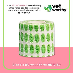 Vet Worthy Self Adhering Wrap for Dogs - Self Adhesive Bandage Wrap for Wounds, Injury, Sprain, and Swelling - Cohesive Bandage First Aid Tape for Dogs and Cats (2-Inch x 5-Yard (Pack of 6))