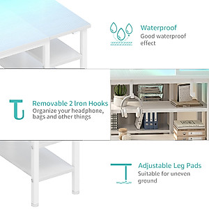 Lufeiya White Desk with Storage Shelves - 47 inch Home Office Gaming Desk with Monitor Stand, Computer Desk with LED Lights and Power Outlets, White