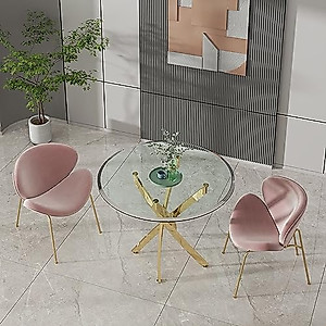 Goderfuu 3 Piece Dining Table Set, Modern 36 in Round Dining Table with 2 Pink Upholstered Dining Chairs, Kitchen Dining Room Table Set for 2, Circle Glass Dining Table and Chairs Set for Living Room
