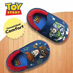 Disney Toy Story Slippers - Buzz Lightyear and Sheriff Woody Fuzzy PJ House Shoes - Boys Pajama Indoor Warm Slipper - Navy Blue/Red (size 9-10 Toddler)