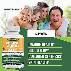 Liposomal Vitamin C 1200mg, 180 Capsules, Ascorbic Acid VIT C, High Dose Enhanced Absorption Fat Soluble Vitamin C, Powerful Antioxidant Supplement for Immune Support, Collagen, Heart & Brain Health