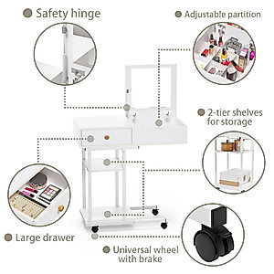 Elephance Moveable Vanity Desk with Mirror for Small Spaces, Makeup Dressing Table Computer Desk with Drawers and Shelves for Bedroom