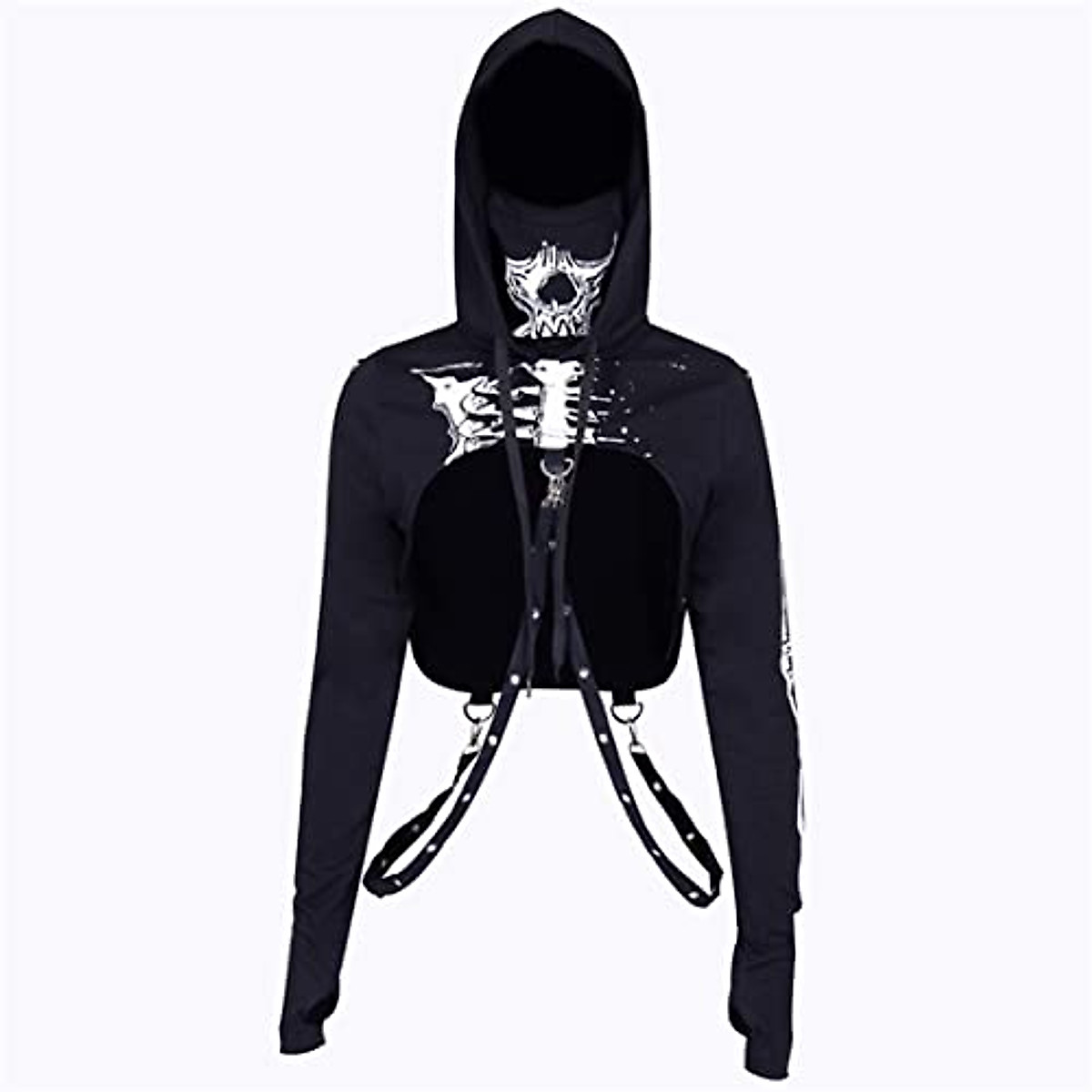 XCJIKUKE Gothic Hoodies Skeleton Sweatshirt Punk Halloween Crop Tops Long Sleeve For Women Goth Mask Sexy Rave Outfit Festival Clothing