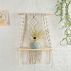 Handmade Macrame Wall Hanging Shelf, Boho Indoor Rope Plant Pot Basket Hanger Holder, Rope Plant Hanger for Wall Decor Indoor Outdoor