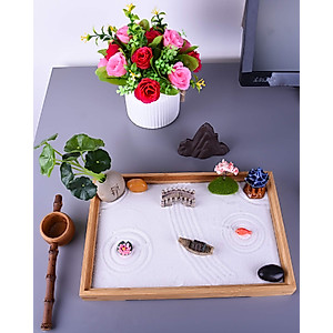 Japanese Zen Garden - Home & Office Desk Mini Garden with Rock Vase Fish Bridge Boat Cherry Trees - Meditation Gift Set for Relaxation - 3 Rake Tools and Zen Accessories (Rectangular)