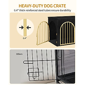 Hzuaneri 39.4'' Wooden Dog Crate Furniture TV Stand, Indoor Dog Kennel for Small/Medium/Large Dogs, End Side Table Dog Crates, Anti-Chew, Anti-Escape, Arched Door Design, Black Gold DFC84104A