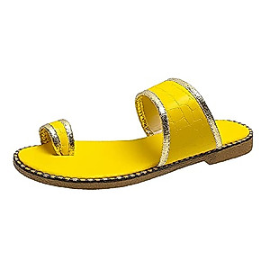 Women's Slip Toe Flat Slippers Large Casual Beach Sandals Fuzzy Slippers for Women with Strap (Yellow, 6.5)